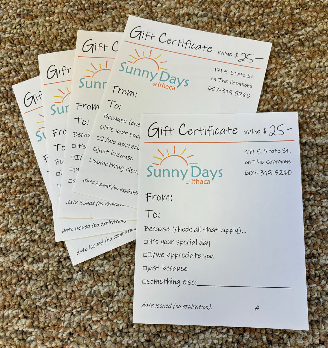 $125 Gift Certificate (pay only $100!) – Sunny Days of Ithaca